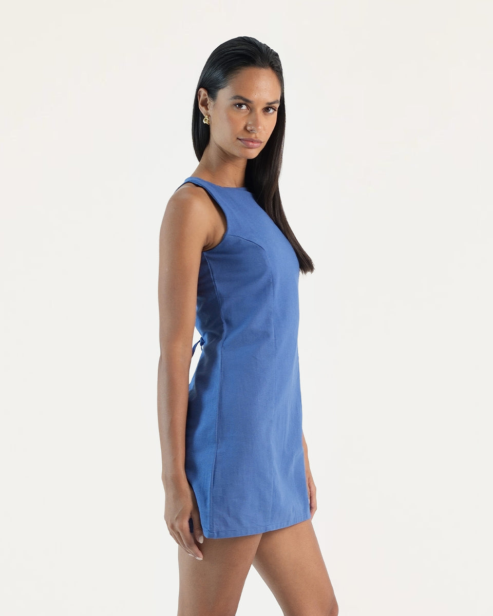 Naya Mini Dress | Linen Blue Dress | Bamboo Blonde